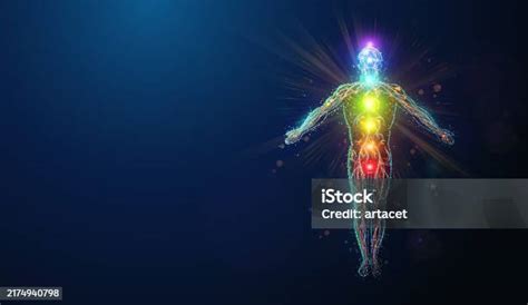 빛나는 네온 입자로 만든 인체 실루엣 위에 빛나는 다채로운 차크라의 추상적 인 그림 파란색 기하학적 배경 묘사 명상 요가 및 건강 관리 개념 디지털 벡터 일러스트 레이 션