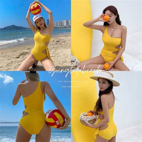 พร้อมส่ง • ชุดว่ายน้ำหญิง วันพีชสีเหลืองสดไหล่เดี่ยว เว้าฟันปลาช่วงเอวมีดีเทลผูกโบว์เบาๆ สดใส