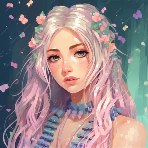 An Illustration Of A Girl With Long White Hair And Pink Flowers In Her