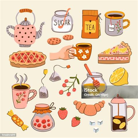 티 타임 컵 요리 주전자 아늑한 차 최근 벡터 컬렉션과 함께 휴식 시간을 보냅니다 주전자 디자인의 그림 아침 식사에 음료 설탕에 대한 스톡 벡터 아트 및 기타 이미지