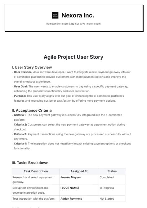 free agile project user story template to edit online