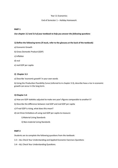 Econ End Of S Holiday Homework Year Economics End Of Semester Holiday Homework PART