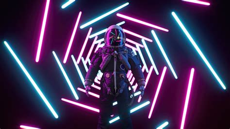 무한 워프 터널에서 레트로 웨이브 우주 비행사 미래 지향적 인 배경 3d 렌더링 우주 비행사에 대한 스톡 사진 및 기타 이미지 우주 비행사 네온 우주복 Istock