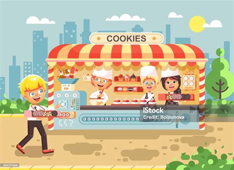 벡터 일러스트 레이 션 만화 캐릭터 어린이 학생 남학생 여 학생 베이킹 쿠키 머핀 마구간 식사 음식 학교 작업 스낵 플랫 스타일의 작은 비즈니스 판매 제조 개성 개념에 대한