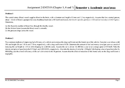 Assignment Fluid Dynamics Part Nmj33003 20212022 Assignment 2 Ent319