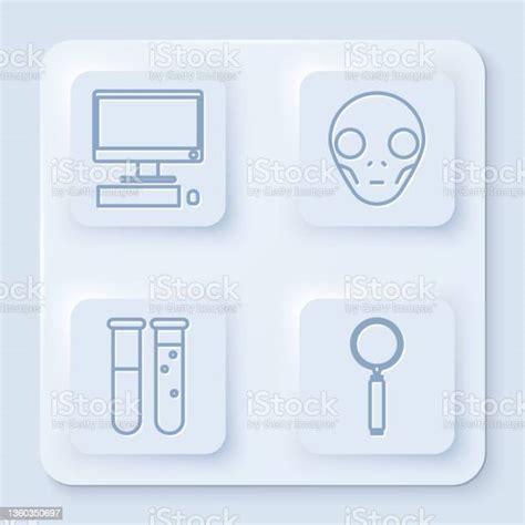 키보드와 마우스 외계 외계인 얼굴 테스트 튜브 및 플라스크 화학 실험실 및 돋보기와 라인 컴퓨터 모니터를 설정합니다 흰색 정사각형 버튼 벡터 건강 검진에 대한 스톡 벡터