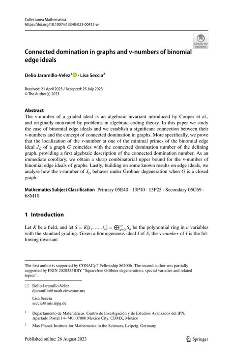 pdf connected domination in graphs and v numbers of binomial edge ideals