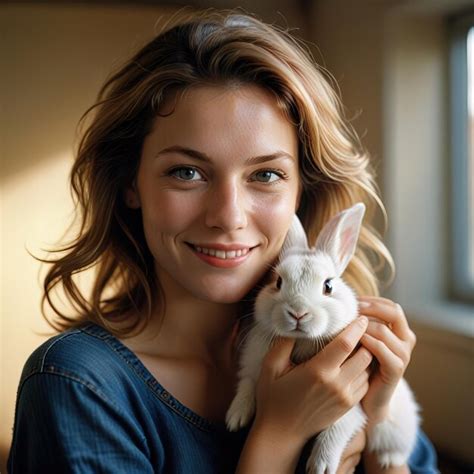Woman Holding Bunny Rabbit Furry Cute Pet Premium Ai Generated Image