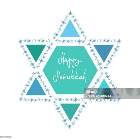 Hanukkah 인사말 카드 서식 파일입니다 흰색 바탕에 손으로 쓴된 글자 안에 해피 하누카와 손으로 그린 데이비드 스타 고풍