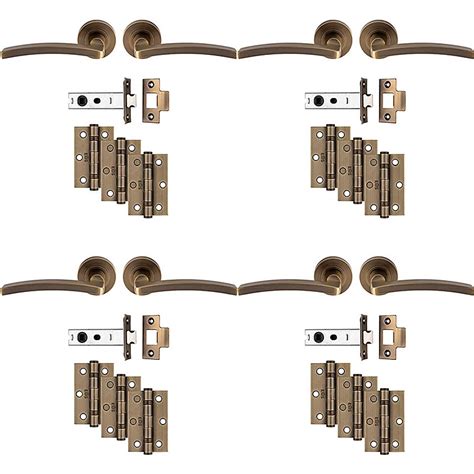 4 Pack Premium Door Handle And Latch Pack Set Antique Brass Slim Curved Lever Round Rose At Bandq