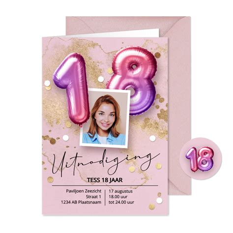 Uitnodiging 18 Jaar Jongen Ballonnen Roze Kaartje2go