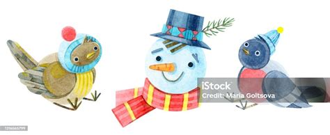 모자에 귀여운 새와 눈사람의 세트 뜨개질 모자를 쓴 참새와 불핀치 흰색 배경에 고립 된 수채화 크리스마스 항목 만화 스타일의 일러스트레이션 세트 스티커 카드 새에 대한 스톡