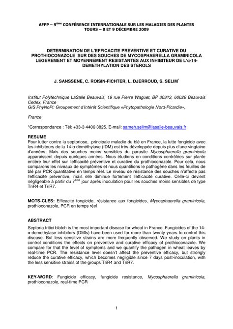 Pdf Determination De Lefficacite Preventive Et Curative Du Prothioconazole Sur Des Souches De