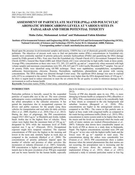 Pdf Assessment Of Particulate Matter Pm10 And Polycyclic Aromatic Hydrocarbons Levels At
