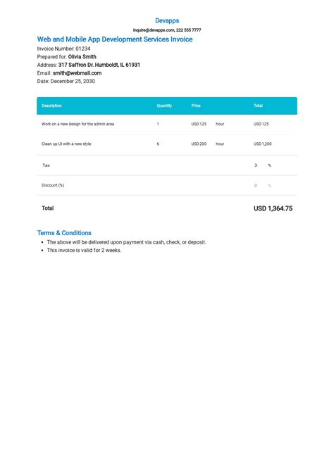 Web And Mobile App Development Services Invoice Template Free PDF Word DOC Excel PSD
