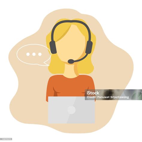 평면 디자인의 고객 서비스 아이콘입니다 헤드폰과 마이크가있는 여성 콜 센터는 노트북을 사용하고 있습니다 도움말 및 지원 팀의 상징입니다 플랫 디자인에 대한 스톡 벡터 아트