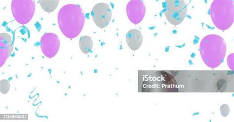 흰색 배경에 리본과 색종이 조각이 있는 보라색 풍선입니다 3차원 형태에 대한 스톡 벡터 아트 및 기타 이미지 3차원 형태 개체 그룹 공휴일 Istock
