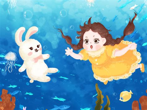 小女孩和小兔子在海里 画师小旭 站酷zcool