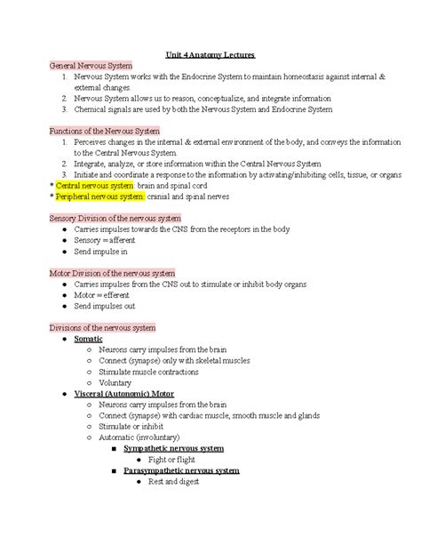Biology 212 Human Anatomy Unit 4 Lecture Notes Unit 4 Anatomy Lectures General Nervous System