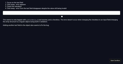 Usefieldarray Checkbox Clears Error Codesandbox Usefieldarray Checkbox Clears Error Codesandbox