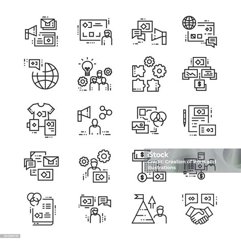 브랜딩 블랙 라인 아이콘 세트입니다 홍보 및 광고 유통 채널 웹 페이지 모바일 앱 프로모션용 픽토그램 Ui Ux Gui 디자인 요소입니다 편집 가능한 스트로크입니다 개념에
