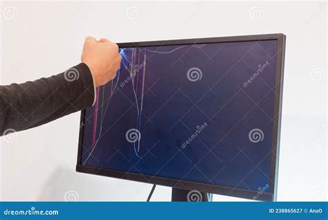 Male Hand Breaks The Monitor Screen Broken LCD Monitor Punching The Monitor Broken LED Screen