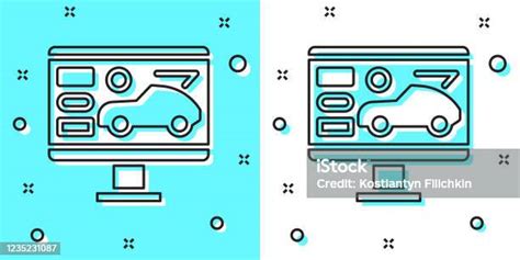 녹색과 흰색 배경에 격리 된 자동차 아이콘의 검은 색 선 하드웨어 진단 상태 자동차 서비스 및 수리 부품 임의 동적 셰이프 벡터 일러스트레이션 가능성에 대한 스톡 벡터 아트