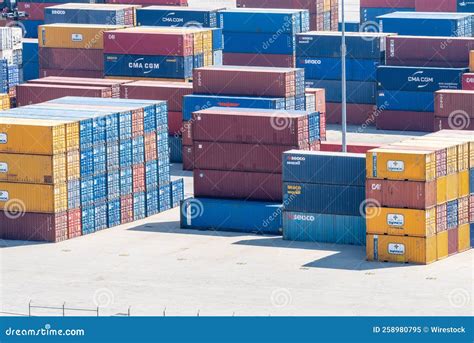 View Of Various Containers Stored In The Container Terminal Near Water Setubal Portugal