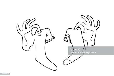 낙서 손은 손가락을 벌리고 다른 양말을 잡습니다 짝을 이루지 않은 면화 양말로 손의 윤곽을 그렸습니다 흰색 배경에 고립 된 발을위한 따뜻한 옷의 벡터 일러스트레이션 겨울에