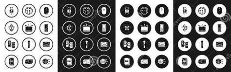 Set Computer Mouse Laptop Processor Lock On Digital Circuit Board Music Player And Gamepad