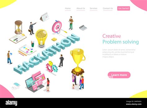 Isometric Flat Vector Landing Page Template Of Hackathon Hack Marathon