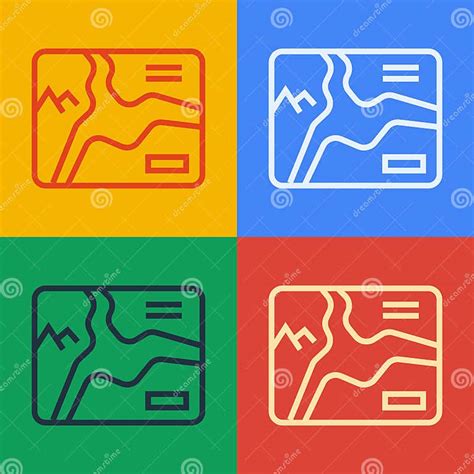 Pop Art Line Topographic Map With Route And Coordinates Icon Isolated On Color Background