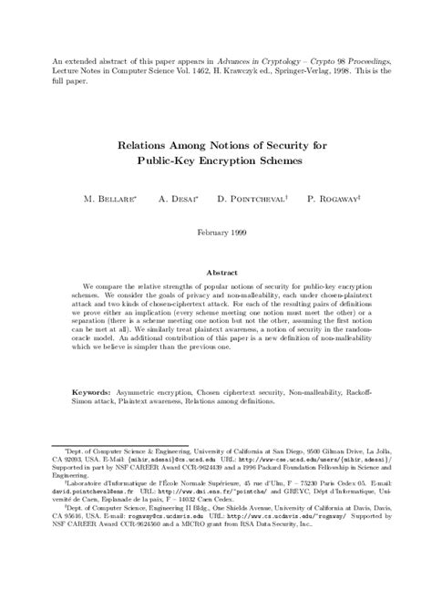 Pdf Relations Among Notions Of Security For Public Key Encryption Schemes