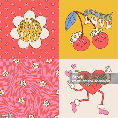 히피 복고풍 빈티지 발렌타인 데이 배너는 7080 년대 스타일로 설정됩니다 그루비 하트와 체리 문자 타이포그래피 디자인 및 왜곡된 패턴의 손으로 그린 벡터 그림 체리에 대한