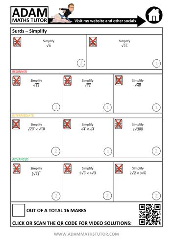 Gcse Surds Worksheets Exam Questions And Solutions Teaching Resources
