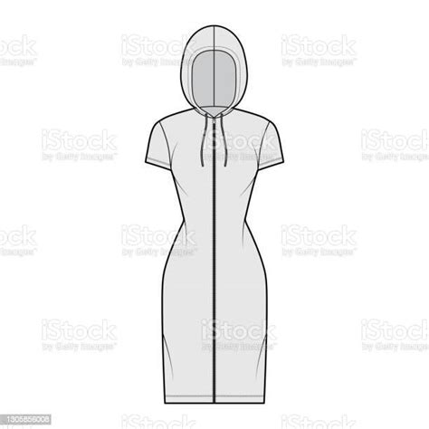 지퍼 업 후드 드레스 기술 패션 일러스트 와 짧은 소매 무릎 길이 장착 몸 연필 충만 플랫 0명에 대한 스톡 벡터 아트 및 기타 이미지 Istock