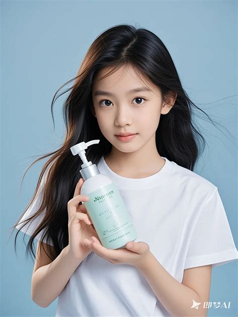 岁少年模特中国亚洲女孩穿着白色t恤长长的头发正脸角度手里拿一瓶洗发水中景半身镜头摄影拍摄背景干净写实相机拍摄光线柔和超清晰 花瓣网