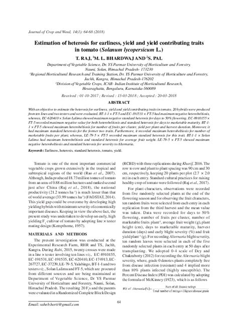 Estimation Of Heterosis For Earliness Yield And Yield Contributing Traits In Tomato Solanum