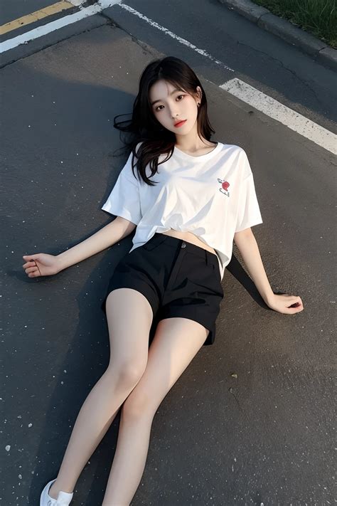 Korean Girl Lying On The Ground，is Wearing A Shorts，spread Your Legs