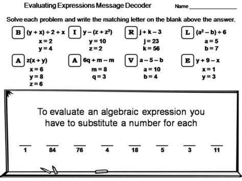 Evaluating Algebraic Expressions Worksheet Math Message Decoder
