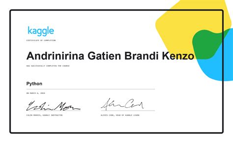 Andrinirina Gatien Brandi Kenzo Completed The Python Course On Kaggle