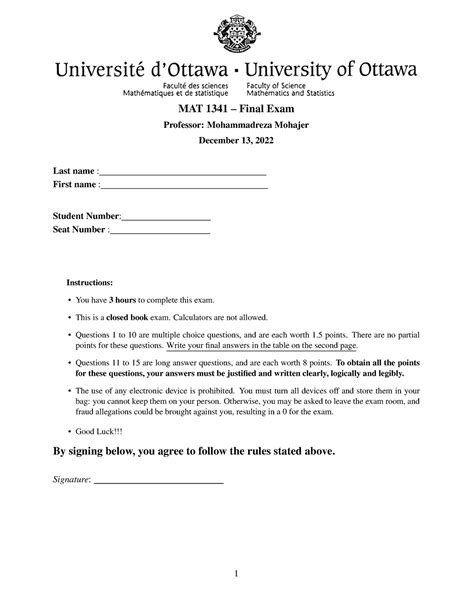 Final Exam Mat1341 A Practice Mat 1341 Final Exam Professor Mohammadreza Mohajer December