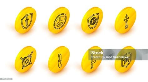 세트 라인 경찰 배지 고무 지휘봉 군용 칼 교차 검이 달린 나무 방패 일본 닌자 수리검 대상 스포츠 평화 및 중세 아이콘 벡터 3차원 형태에 대한 스톡 벡터 아트 및 기타