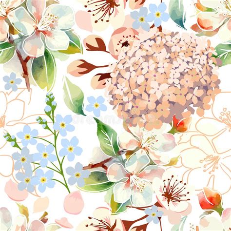 Seamless Pattern Of Pink Sakura Flowers Hand Drawing Stock Vector