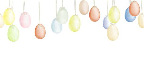 부활절 달걀은 끈 매끄러운 수평 테두리에 있습니다 수채화 디지털 일러스트레이션 축제 화환 흰색 배경 그림에 고립되어 있습니다 인사말 카드 및 봄 초대장에 적합합니다 4월에