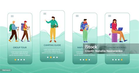 모바일 앱 화면 벡터 템플릿을 온보딩 하는 예산 관광 캠핑 가이드 및 지도 검사기 그룹 투어 플랫 문자가 있는 연습 웹 사이트 단계입니다 Ux Ui Gui 스마트폰 만화