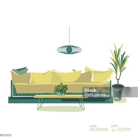 인테리어 디자인 일러스트입니다 현대 노란색 거실 유행 스타일입니다 집 집 장식입니다 가구 라운지입니다 소파 베개 쿠션 테이블