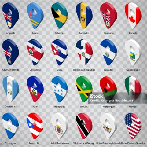 미국 국가의 스물 네 플래그 이름과 알파벳 순서 북미와 중앙 아메리카의 국기와 같은 3d 지리적 위치 표지판의 집합입니다 24 3d 지리적 위치 표지판 Eps10 국기에