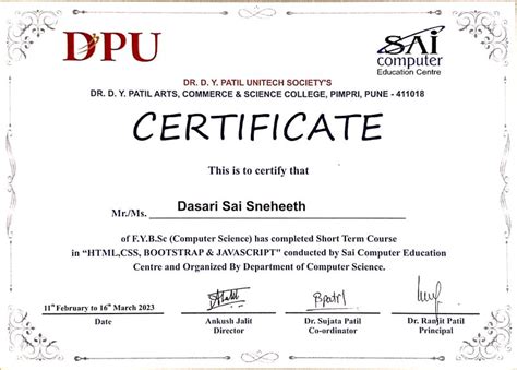 Earned Certificate In Html Css Bootstrap And Javascript Saisneheeth Dasari Posted On The