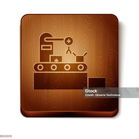 흰색 배경에 격리 된 골판지 상자 엔지니어링 기계 아이콘이있는 갈색 공장 컨베이어 시스템 벨트 로봇 산업 개념 나무 사각형